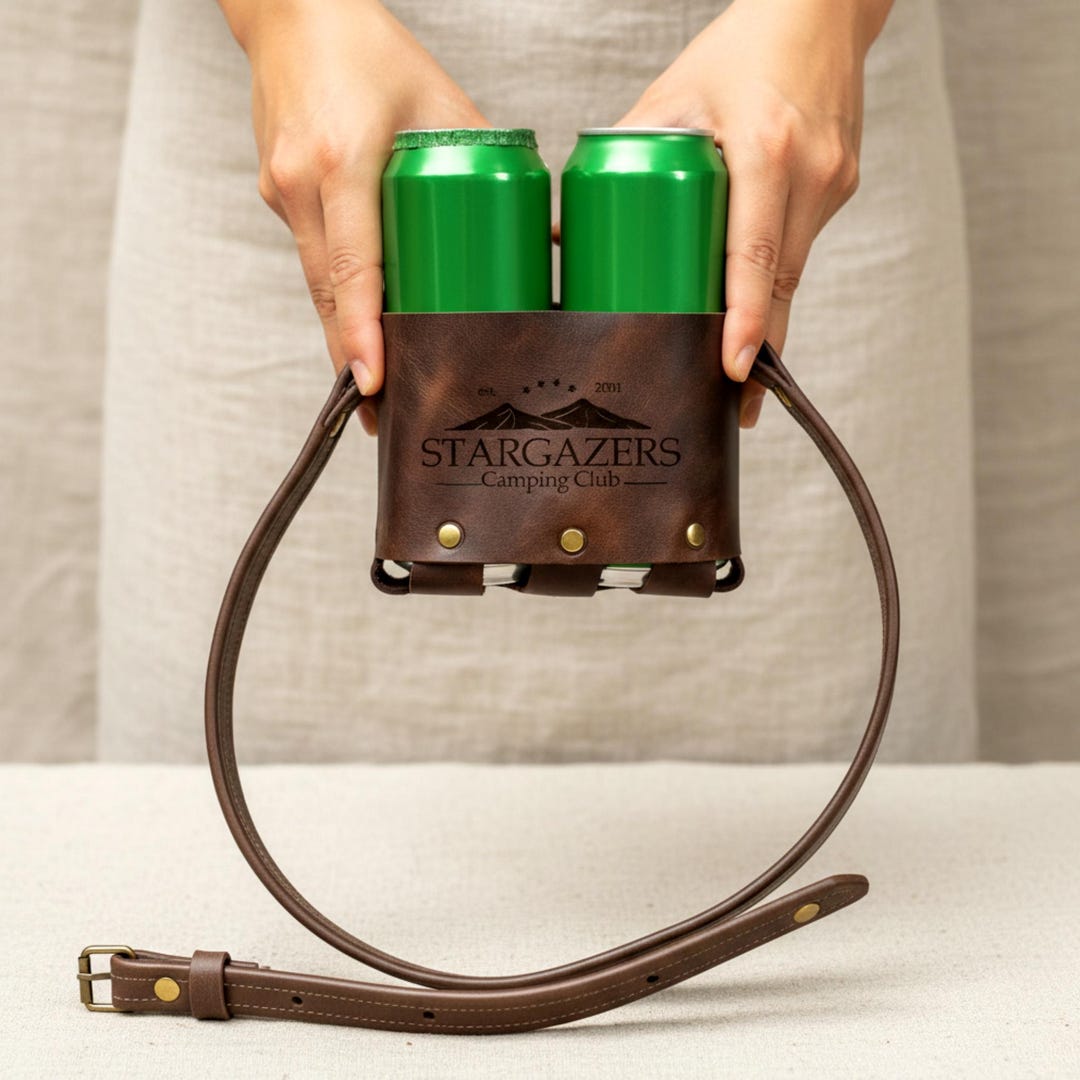 Leather Beer Can Holder, Double Can Carrier With Handle, Personalized ...