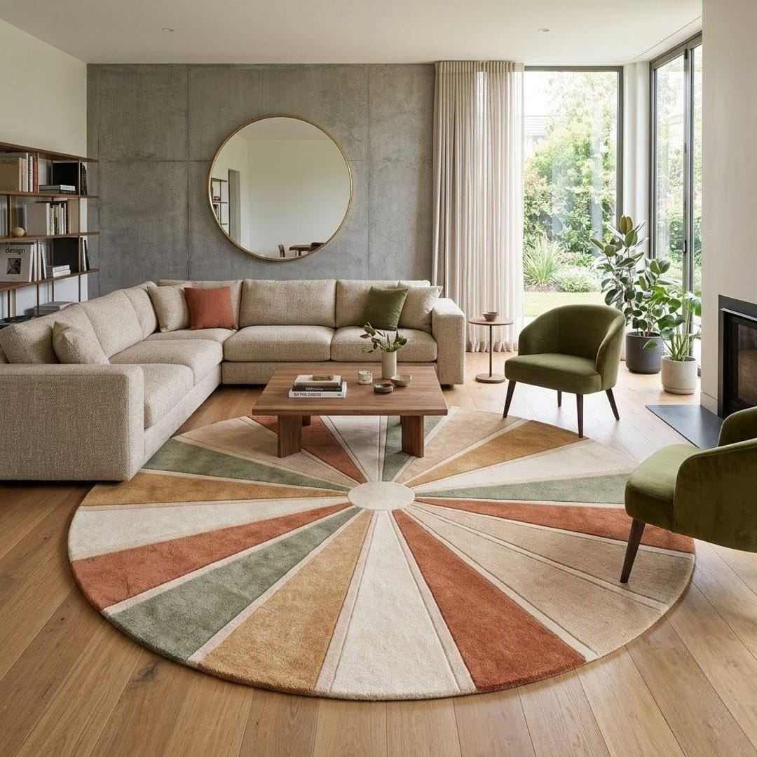 Round Sunburst Handmade Tufted Rug, Modern Wool Area Rug, Geometric ...