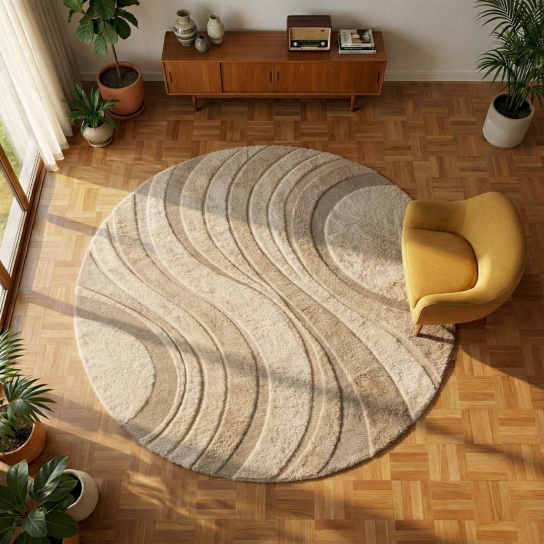 Hand Tufted Round Beige Rug Modern Abstract Carpet Neutral Boho Living ...