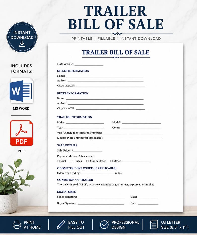 Trailer Bill of | Editable Fillable PDF, JPG, MS Word Template - Etsy