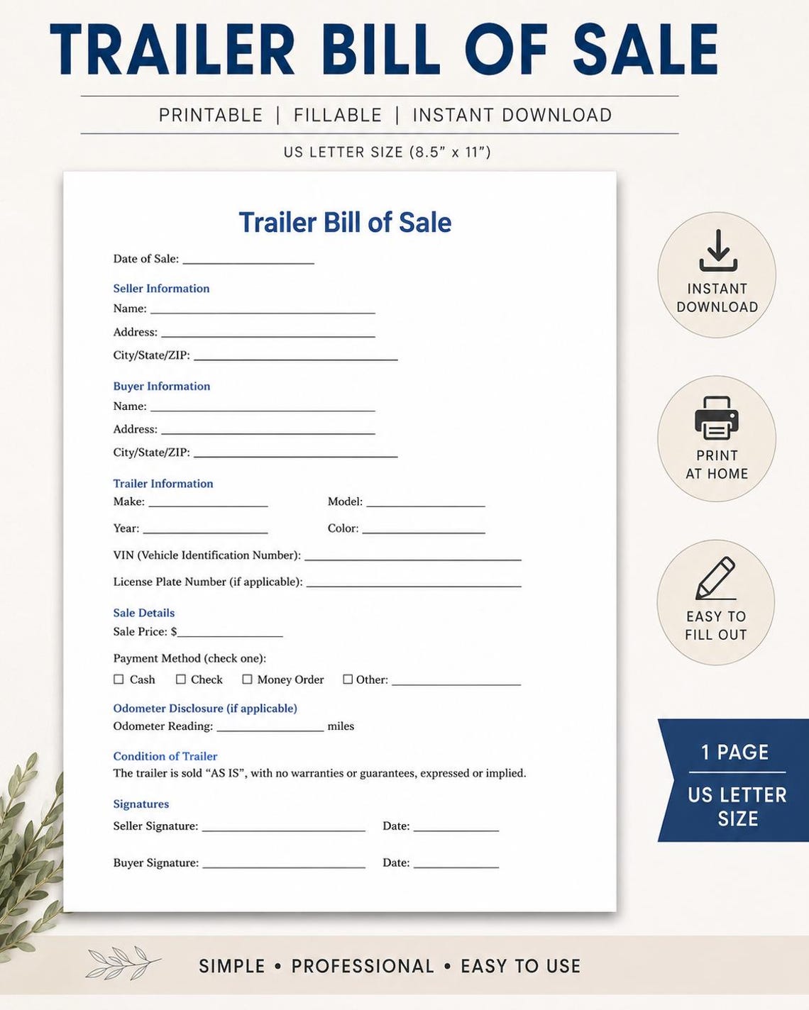 Trailer Bill of | Editable Fillable PDF, JPG, MS Word Template - Etsy