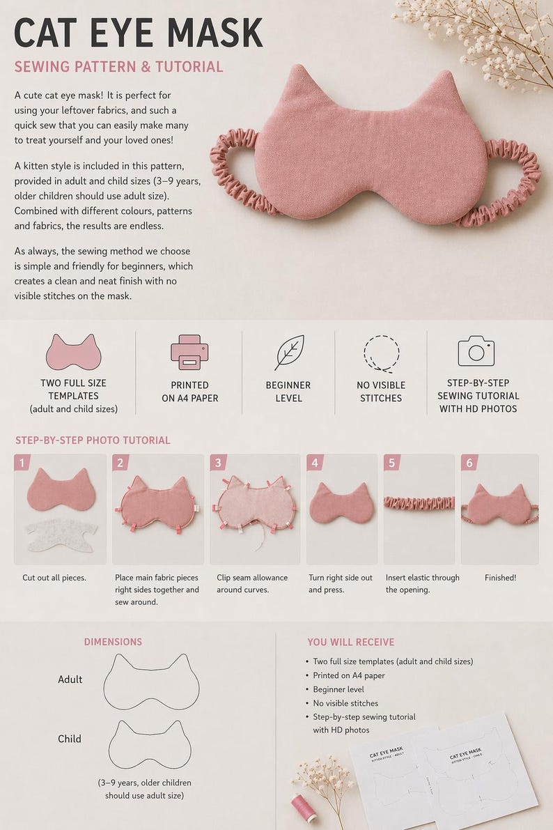 Easy Cat Eye Mask Sewing Pattern, Beginner Friendly PDF (instant ...