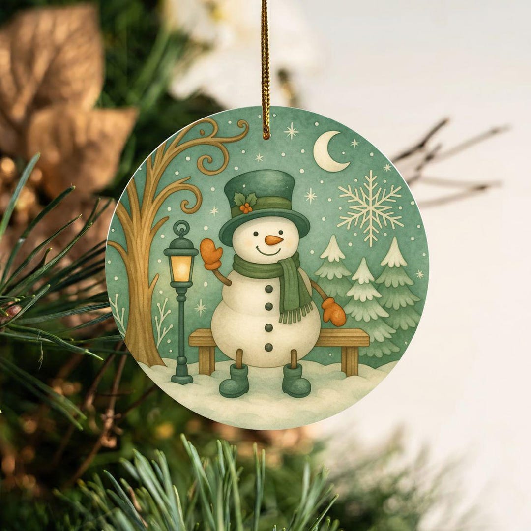 Sage Green Snowman Christmas Tree Ornament Winter Forest Scene Seasonal ...