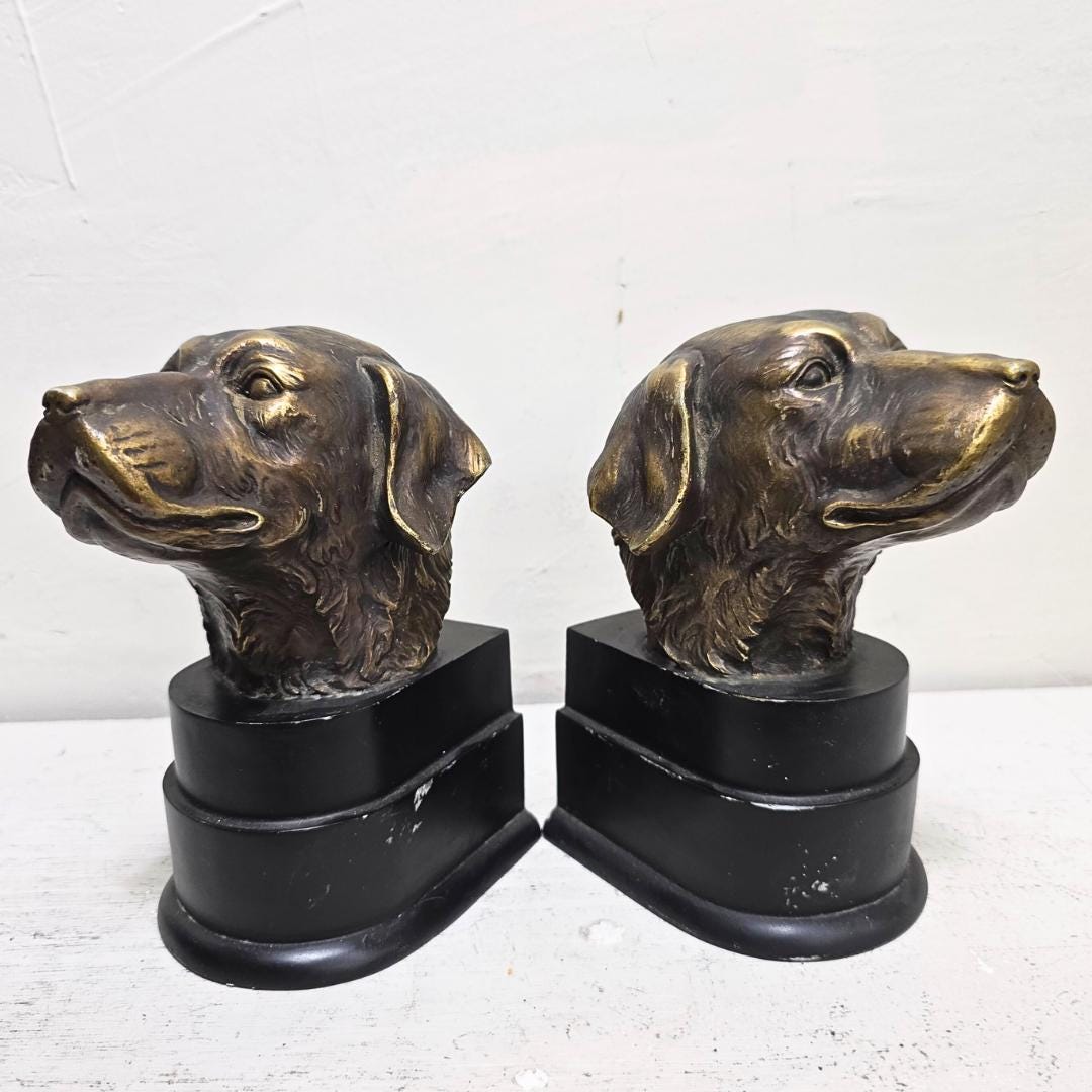 Vintage Dog Head Bookends Pair, Brass Finish Retriever Busts, Cast ...