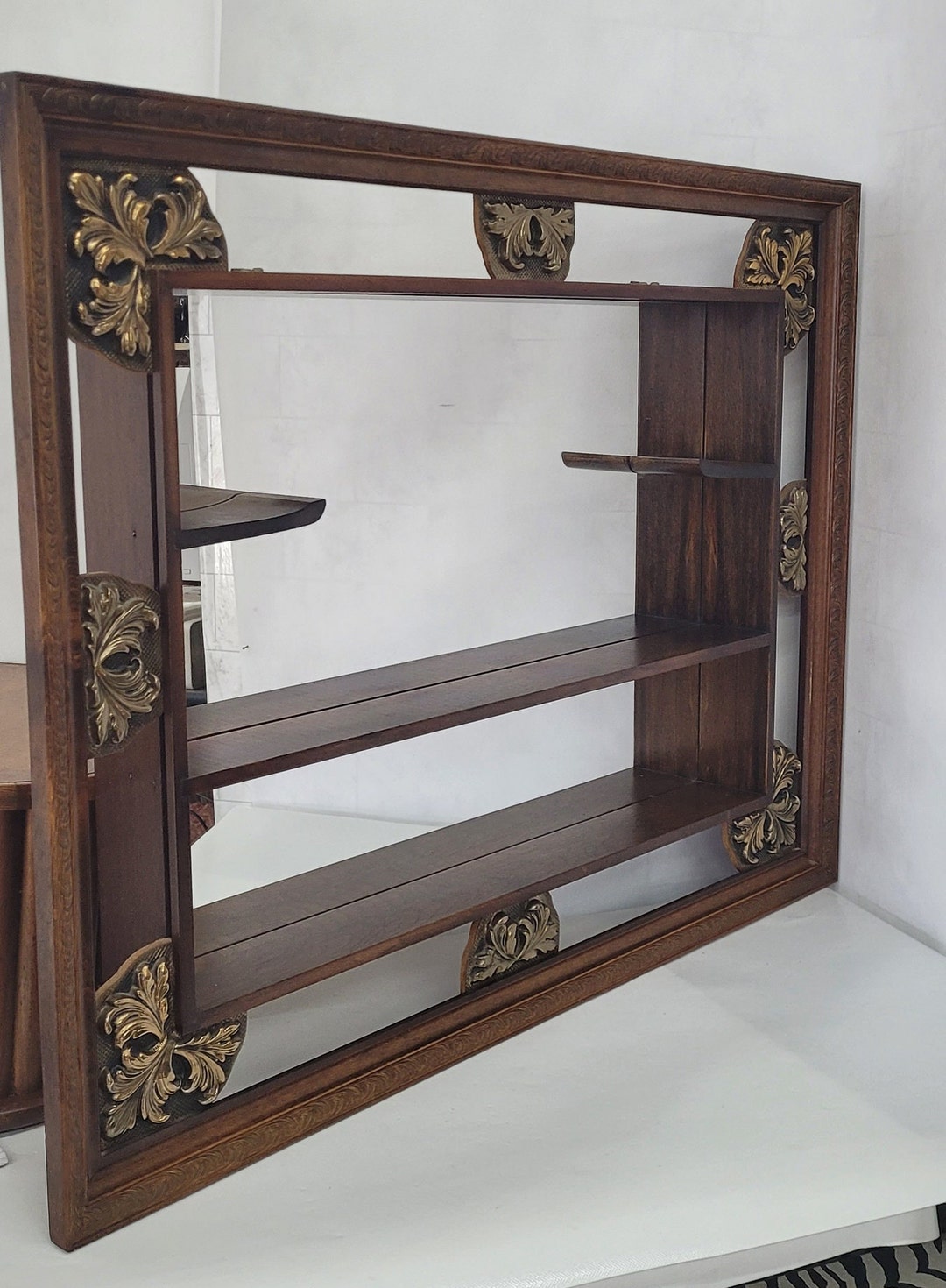 Antique Art Deco Ornate Wood Shadow Box Shelf Wall Mirror Vintage Wall ...
