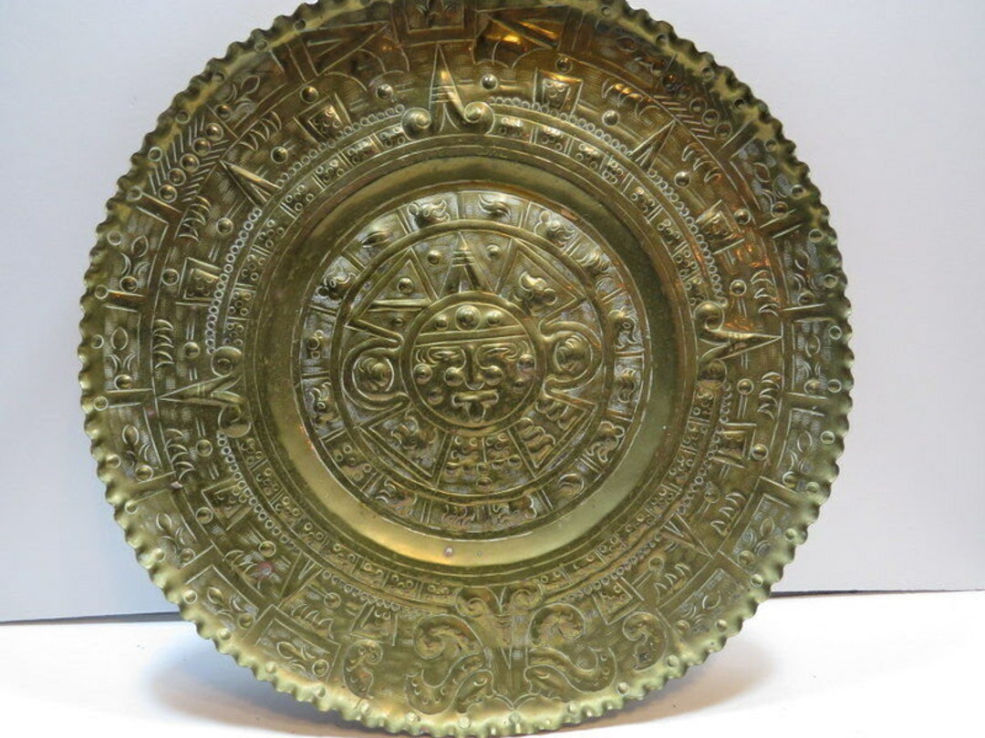 Vintage Brass Tray Table Top Engraved Scalloped Hanging Aztec Sun Metal ...