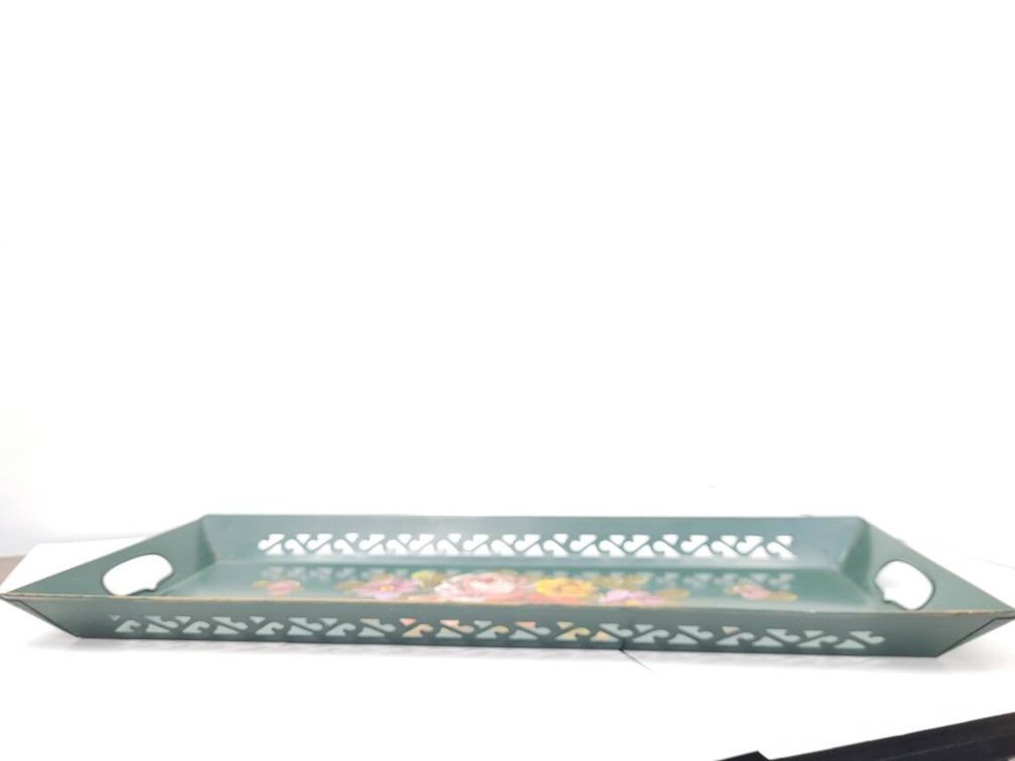 Vintage Tole Tray Oblong Dark Teal Floral Serving Tray Metal - Etsy