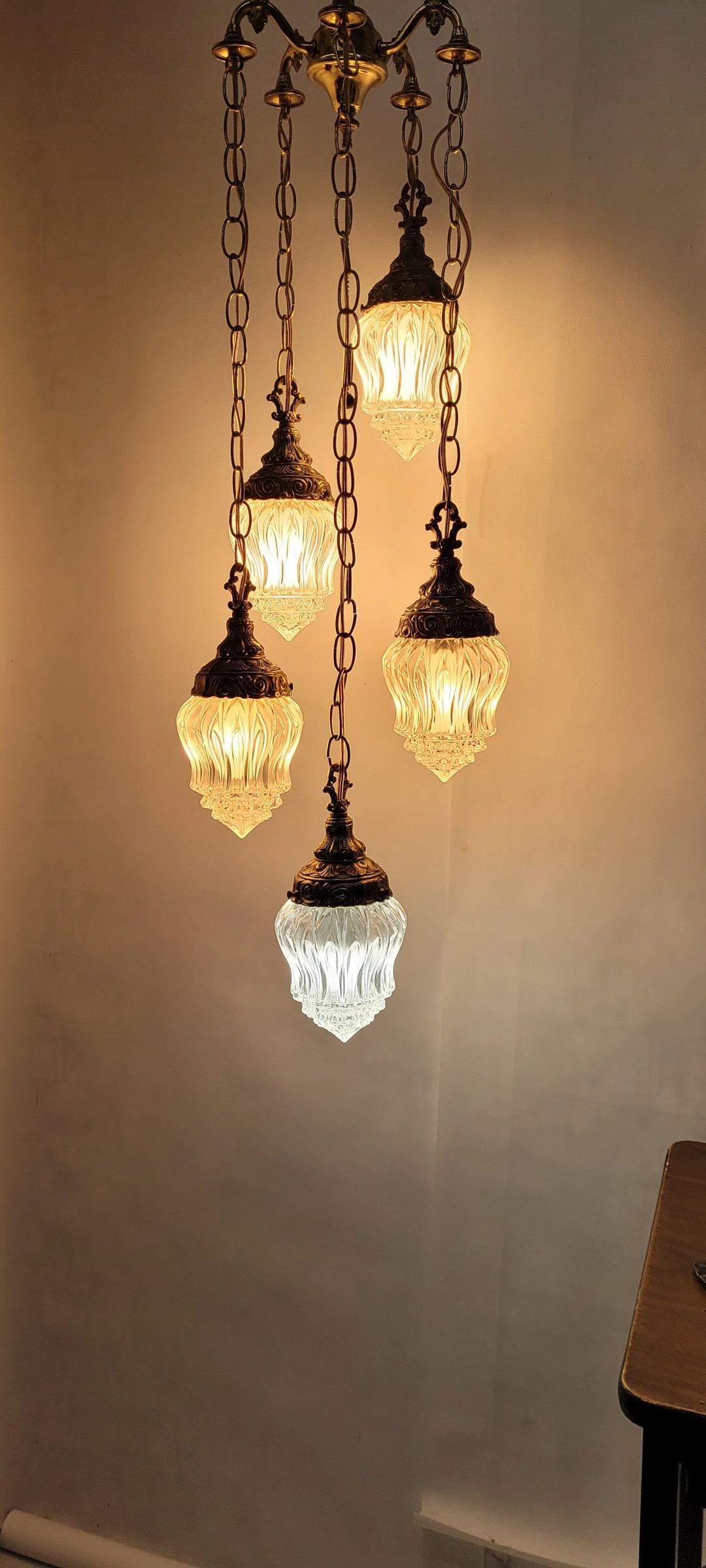 Vintage 5 Swag Lamp Crystal Glass Globes Art BOHO Chic Chain Hanging ...
