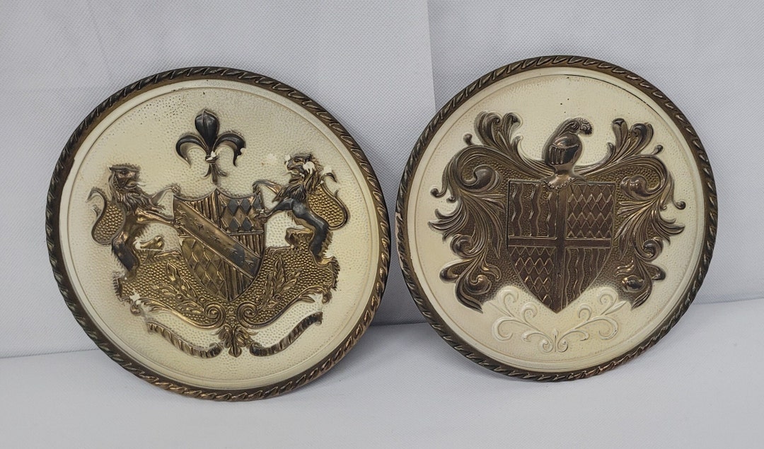Vintage Brass Wall Hanging Knight Shield Coat of Arms Lions Crest Pair ...