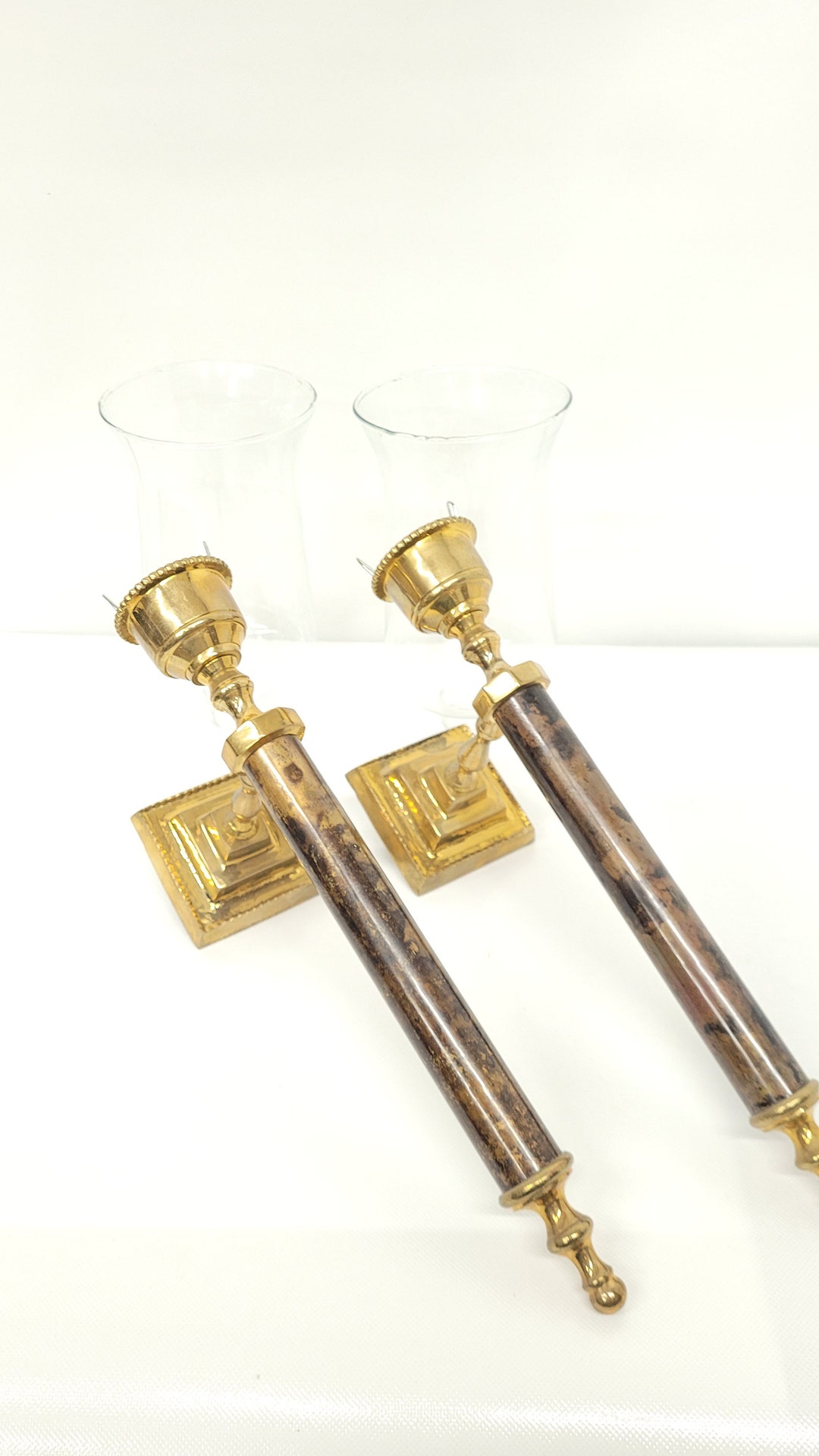 Vintage Brass Wall Sconce a Pair, Clear Glass Hurricane Globes ...