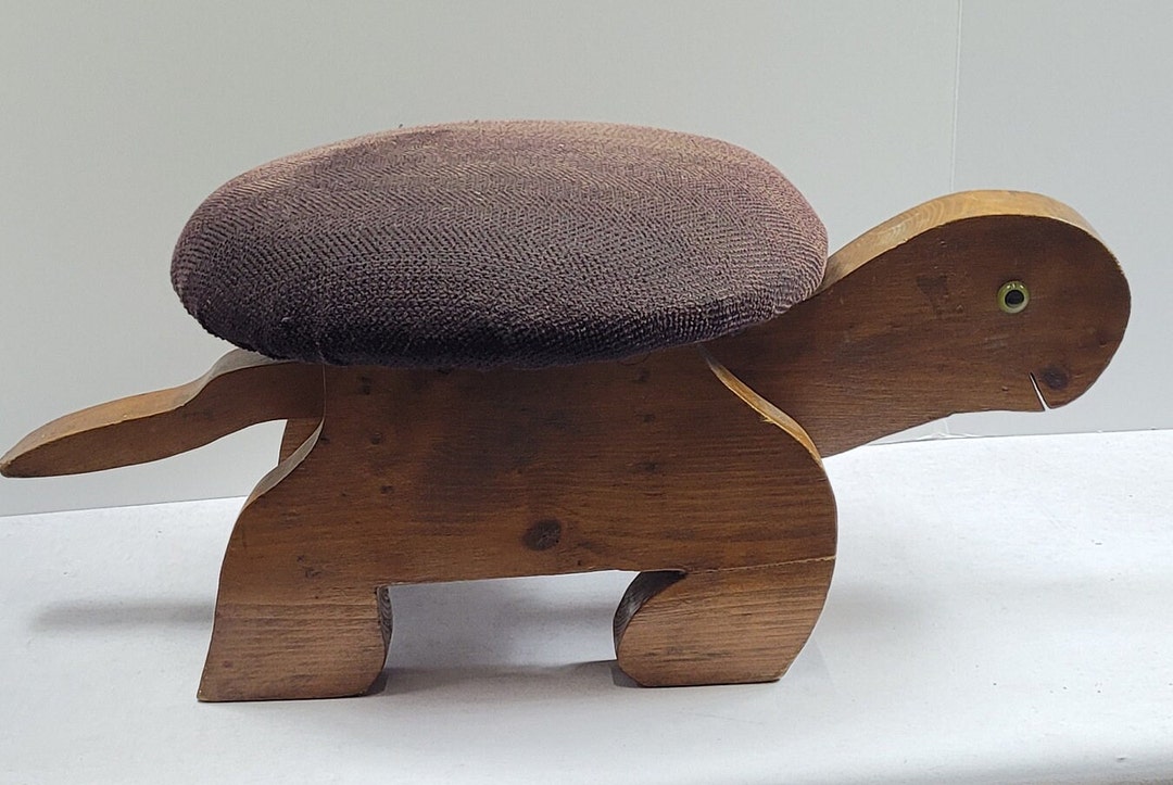 Mid Century Turtle Shape Stool Wood & Cloth Vintage Footstool Folk Art ...
