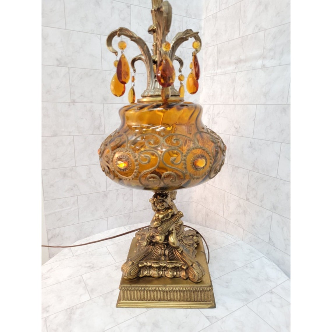 Vintage Table Lamp Gold Glass Cherub Base Crystal Prisms - Etsy