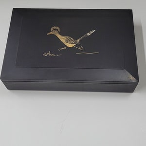 Vintage Mid Century Black Road Runner Bird Cigar Box Vanity Hinged ...