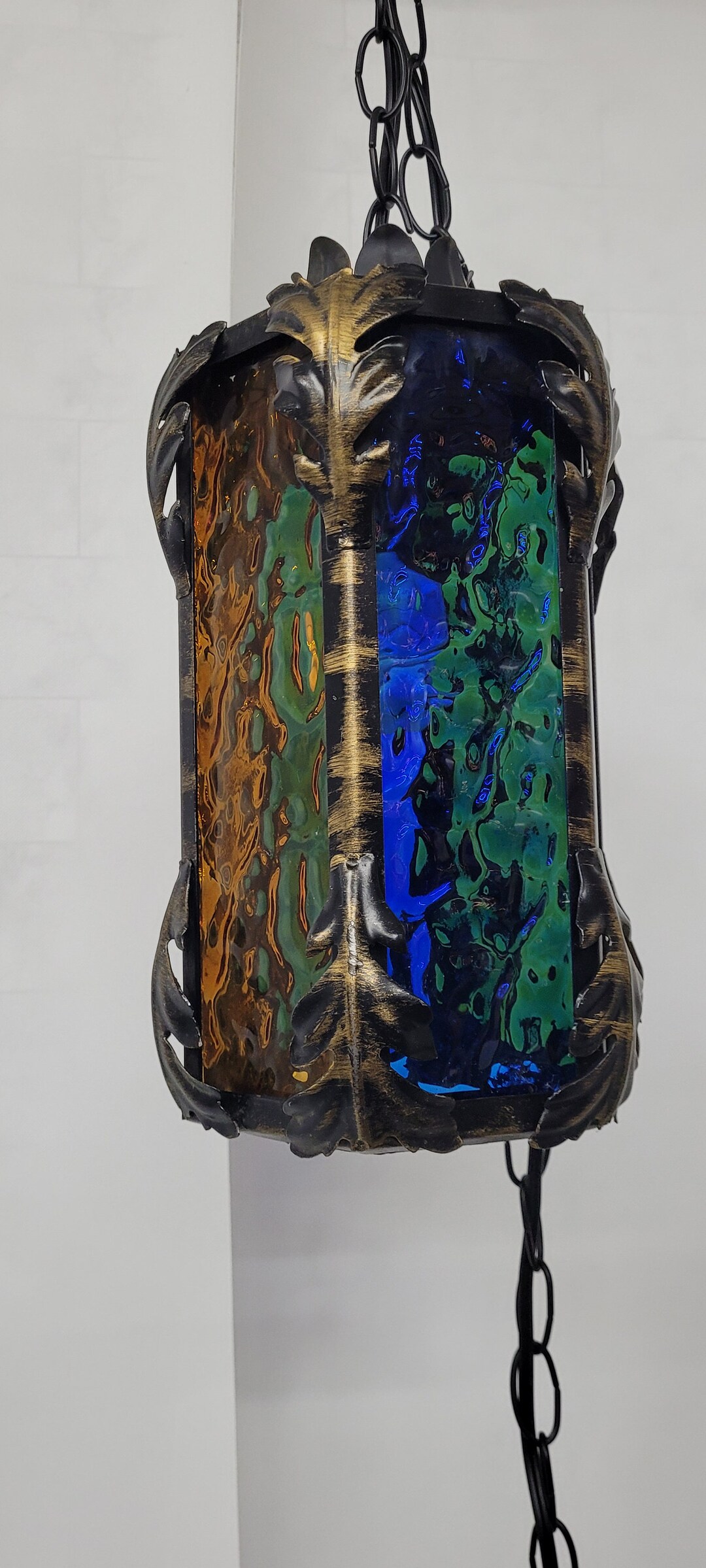 Vintage Swag Lamp Stained Glass Blue Gold Purple Glass Hanging Plug in ...