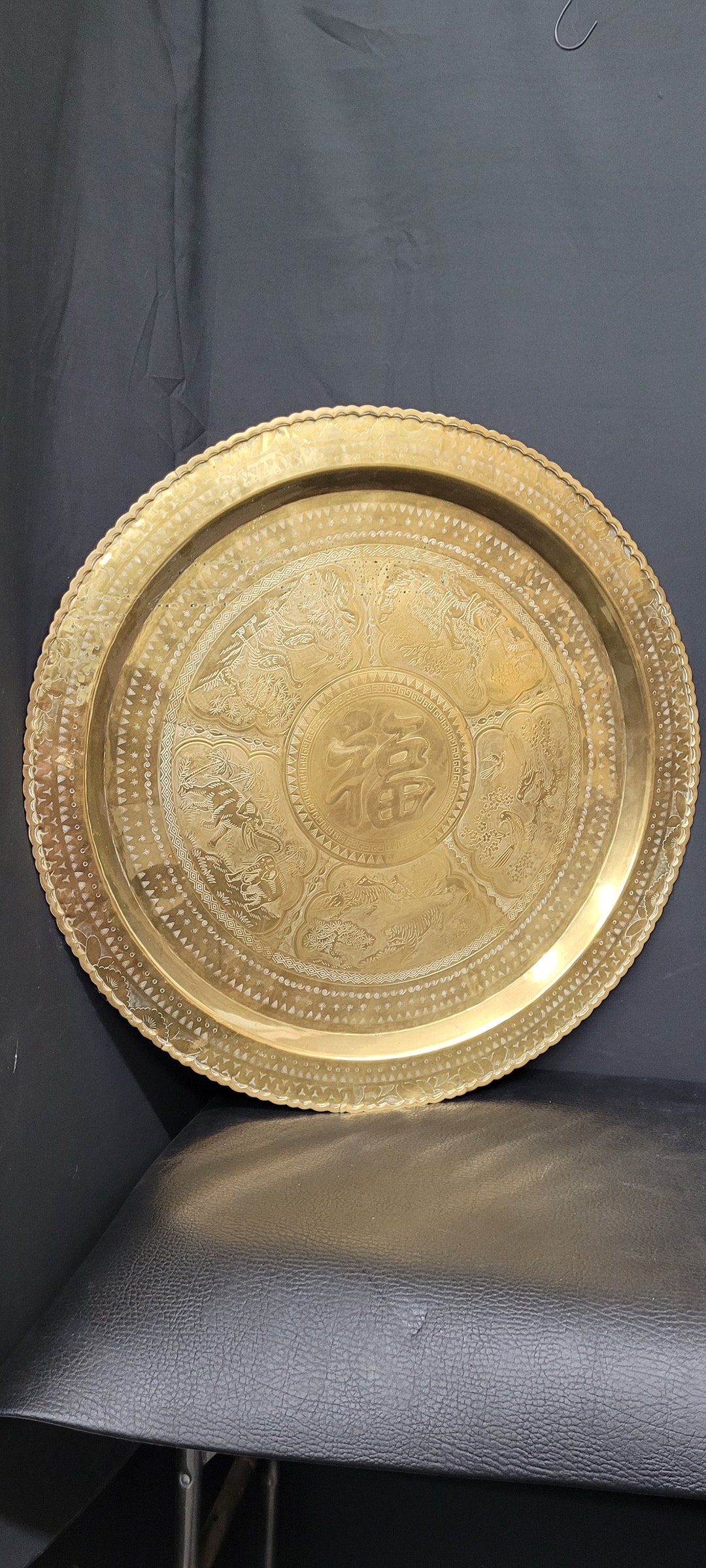 Vintage Brass Large Round Table Top Serving Tray 30" Asian Oriental ...