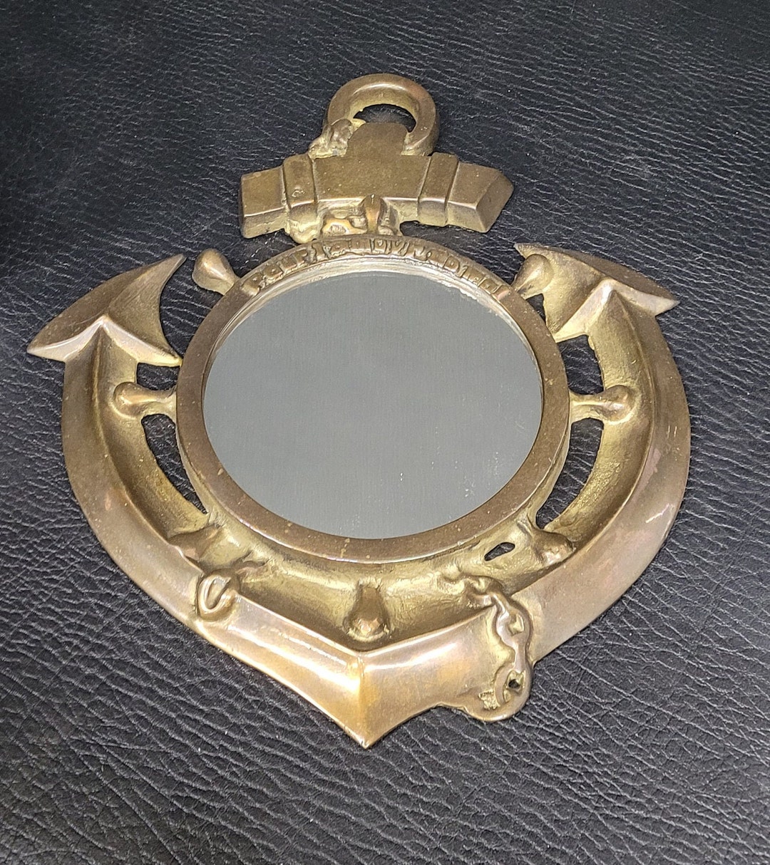 Vintage Brass Wall Mirror Nautical Ship Wheel Anchor Metal Art Beach ...