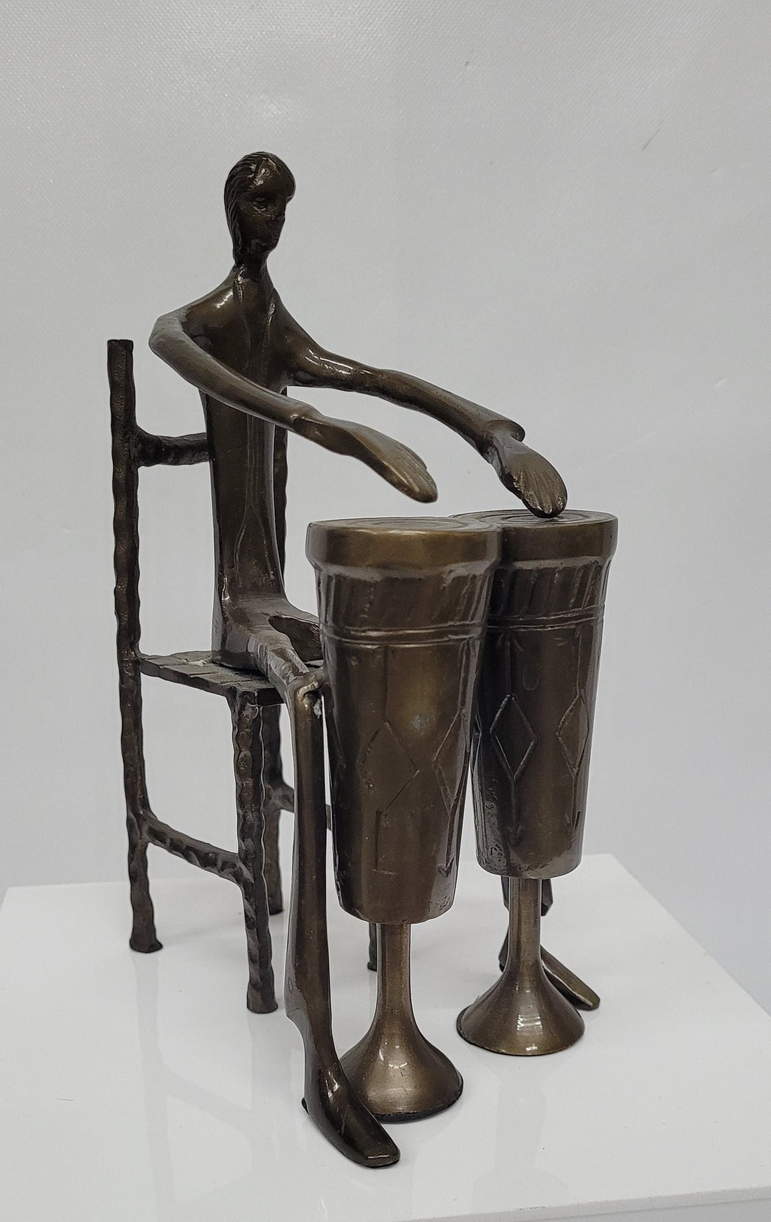Vintage Bronze Statue Skinny Sculpture Metal Table Art Bongo Drum ...