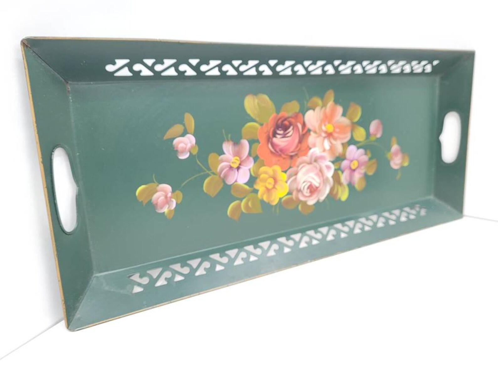 Vintage Tole Tray Oblong Dark Teal Floral Serving Tray Metal - Etsy
