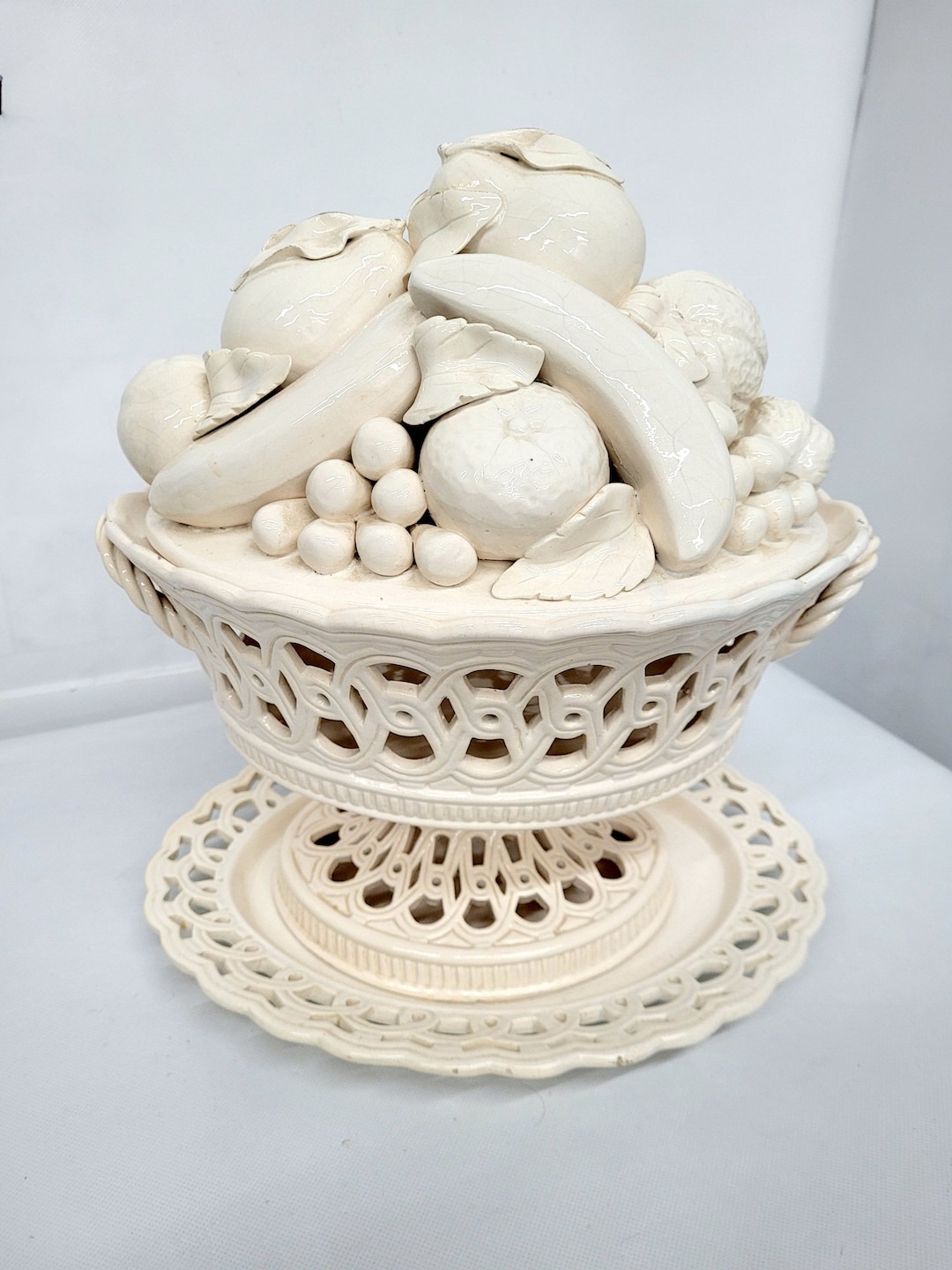 Large Italian Ceramic Art Creamware or White Glazed Pedestal Bowl of ...