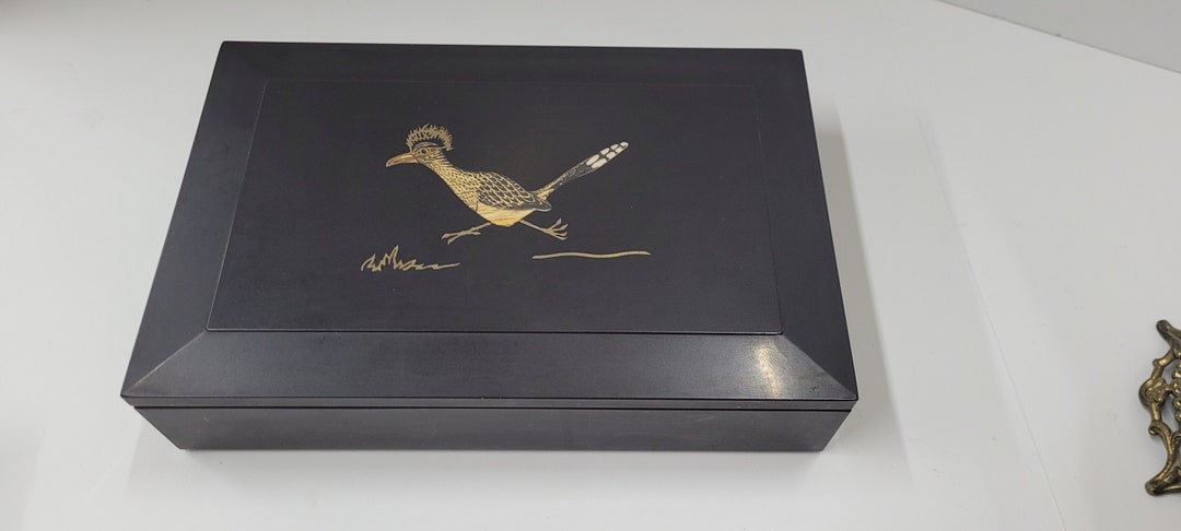 Vintage Mid Century Black Road Runner Bird Cigar Box Vanity Hinged ...
