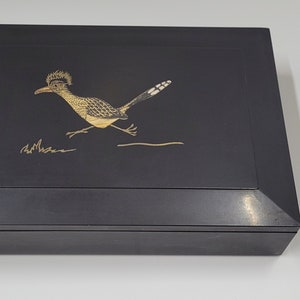 Vintage Mid Century Black Road Runner Bird Cigar Box Vanity Hinged ...
