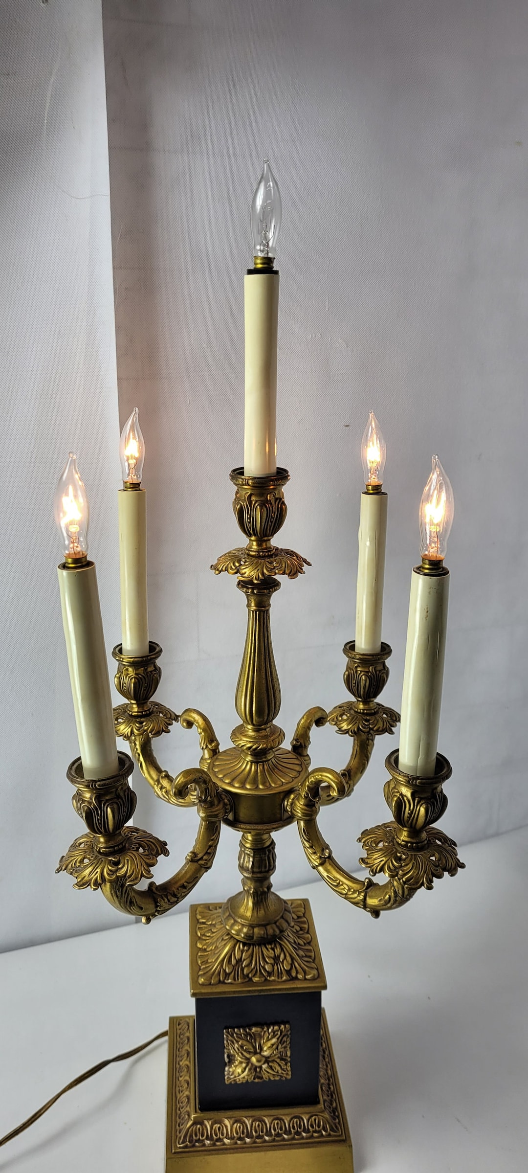 Vintage Brass Candelabra Table Lamp 5 Light Crystal Prisms Hollywood ...