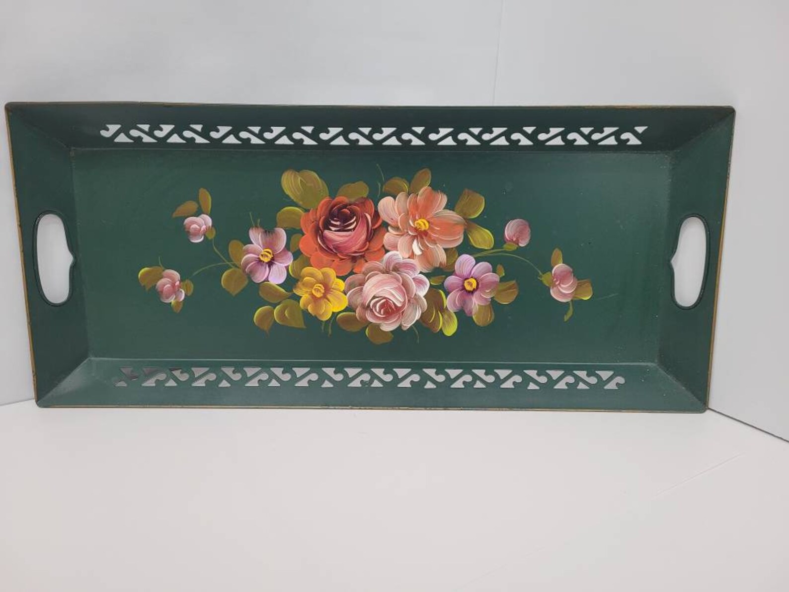 Vintage Tole Tray Oblong Dark Teal Floral Serving Tray Metal - Etsy