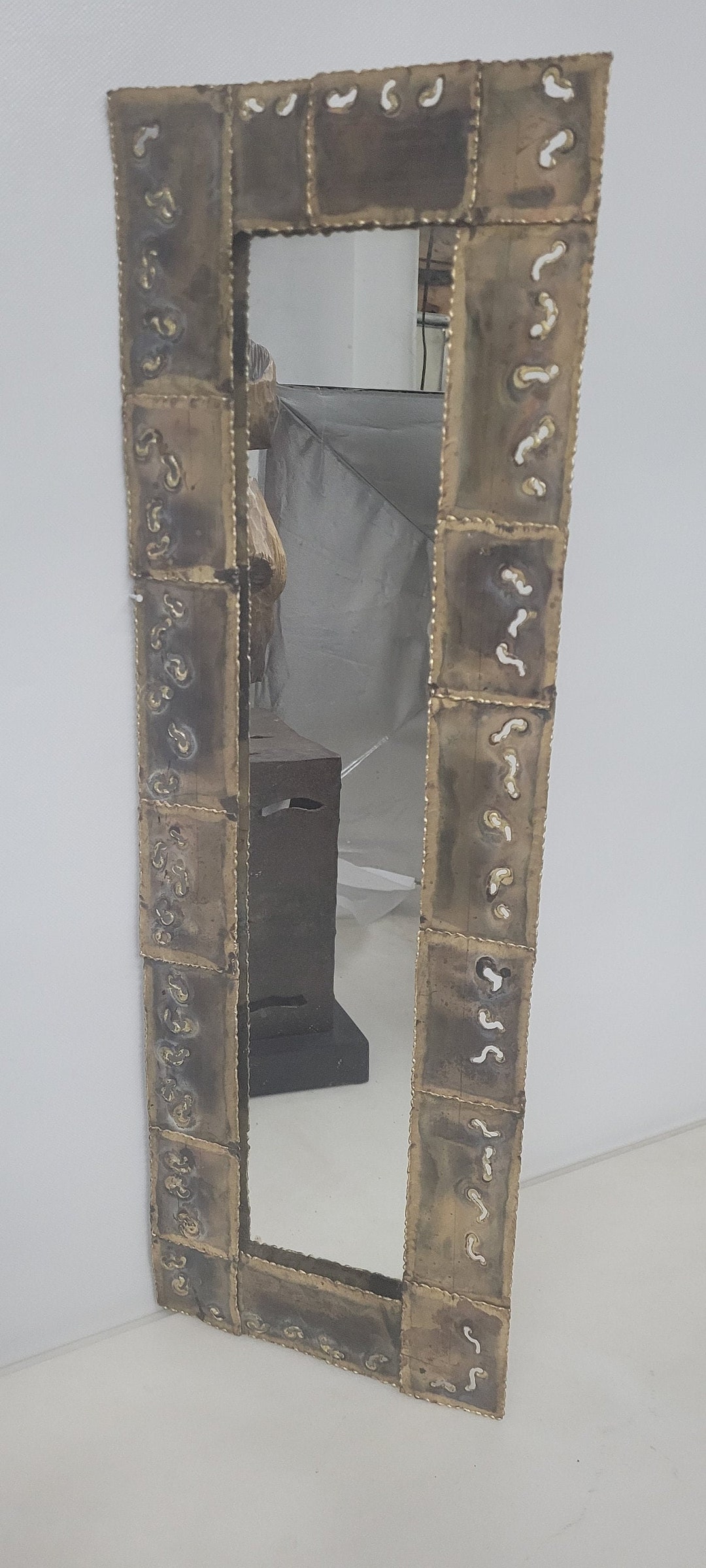 Vintage Brutalist Long Narrow Rustic Frame Wall Art Hanging Mirror Jere ...