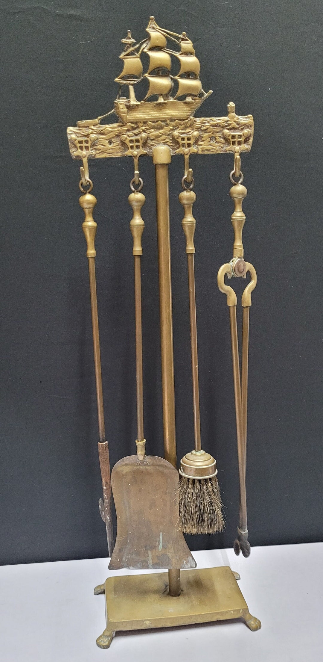 Vintage Brass Pirate Ship Fireplace Tools Set Accessories Shovel Broom ...