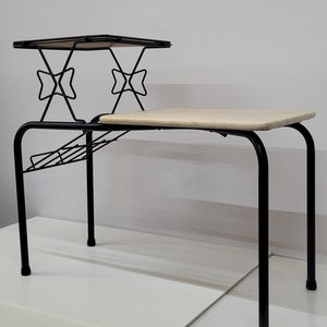 Vintage Atomic Telephone Table Gossip Bench Metal Wire Black White Mesh ...