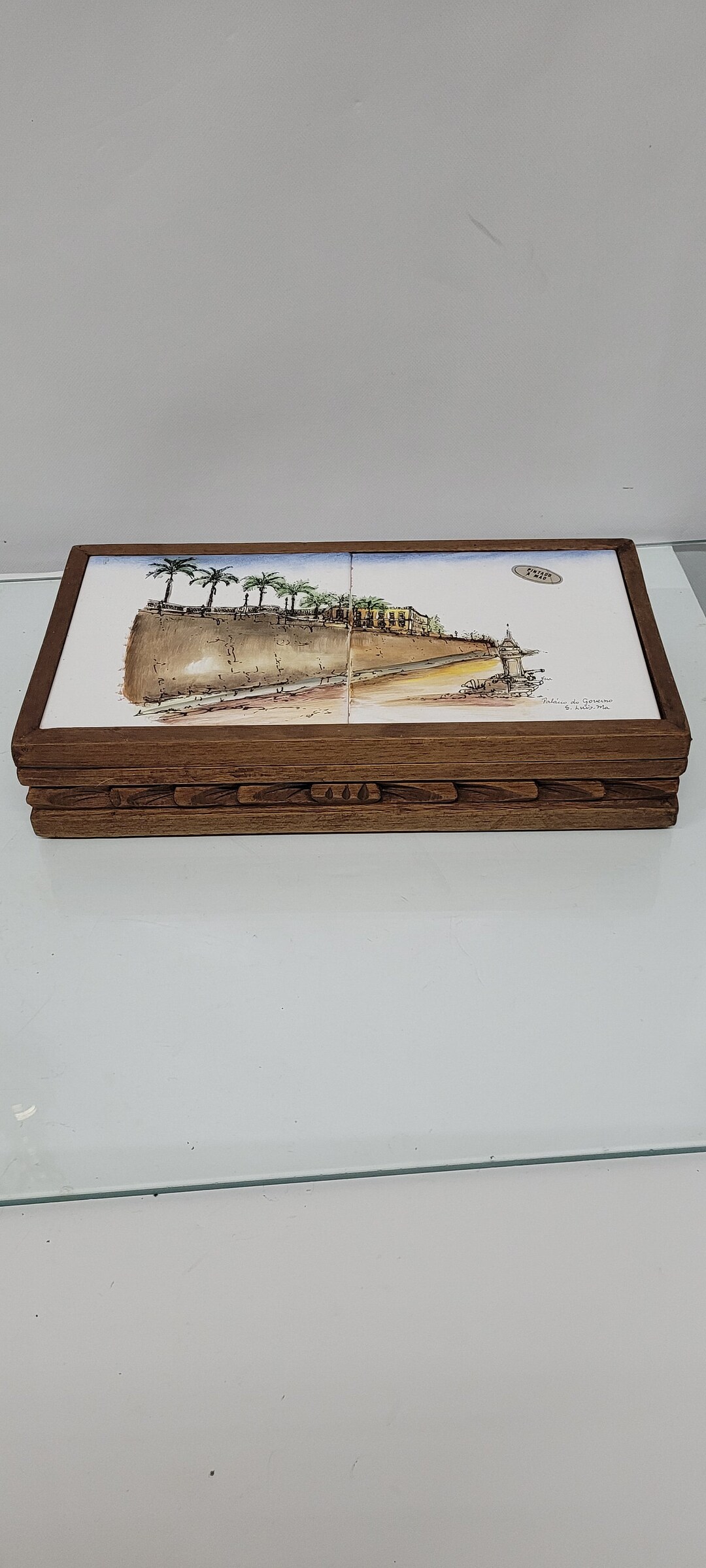 Vintage Tile Hand Carved Wood Tile Box Landscape Scenery Jewelry ...