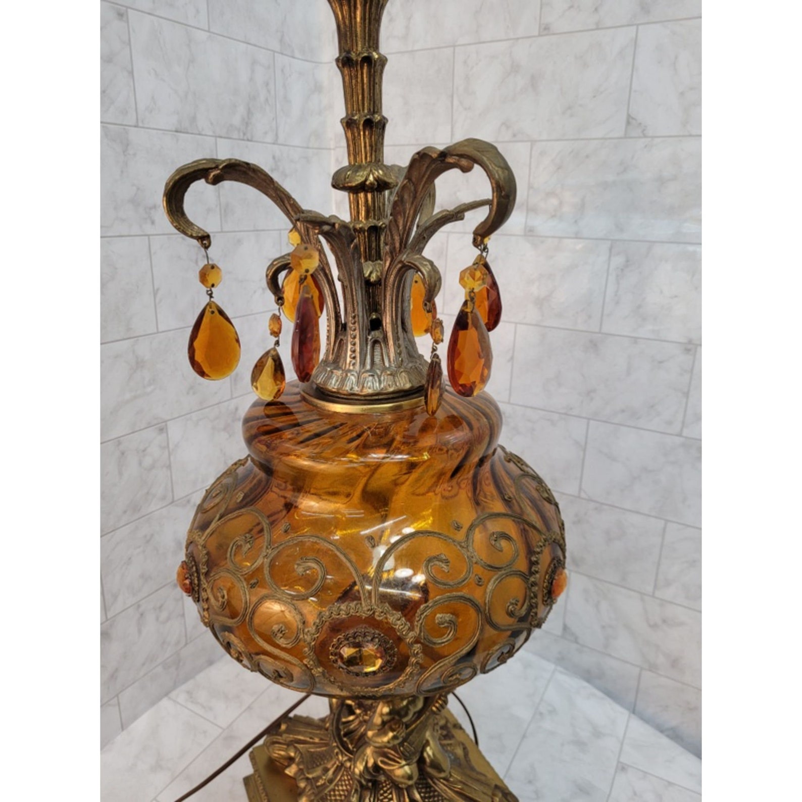 Vintage Table Lamp Gold Glass Cherub Base Crystal Prisms - Etsy