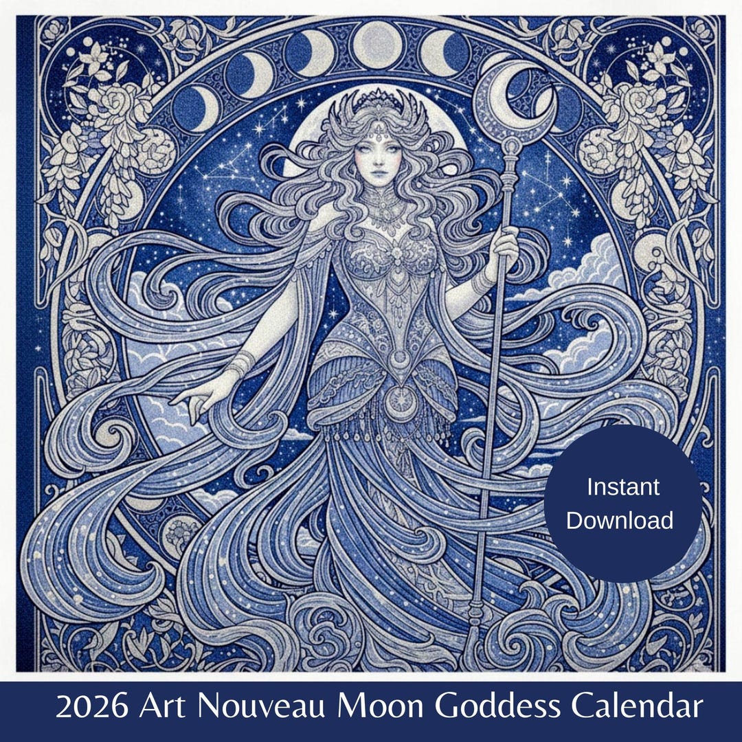 Art Nouveau Moon Goddess Calendar 2026, Celestial Wall Calendar Digital ...