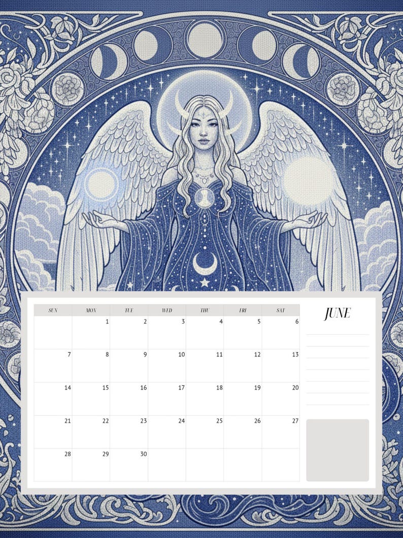 Art Nouveau Moon Goddess Calendar 2026, Celestial Wall Calendar Digital ...