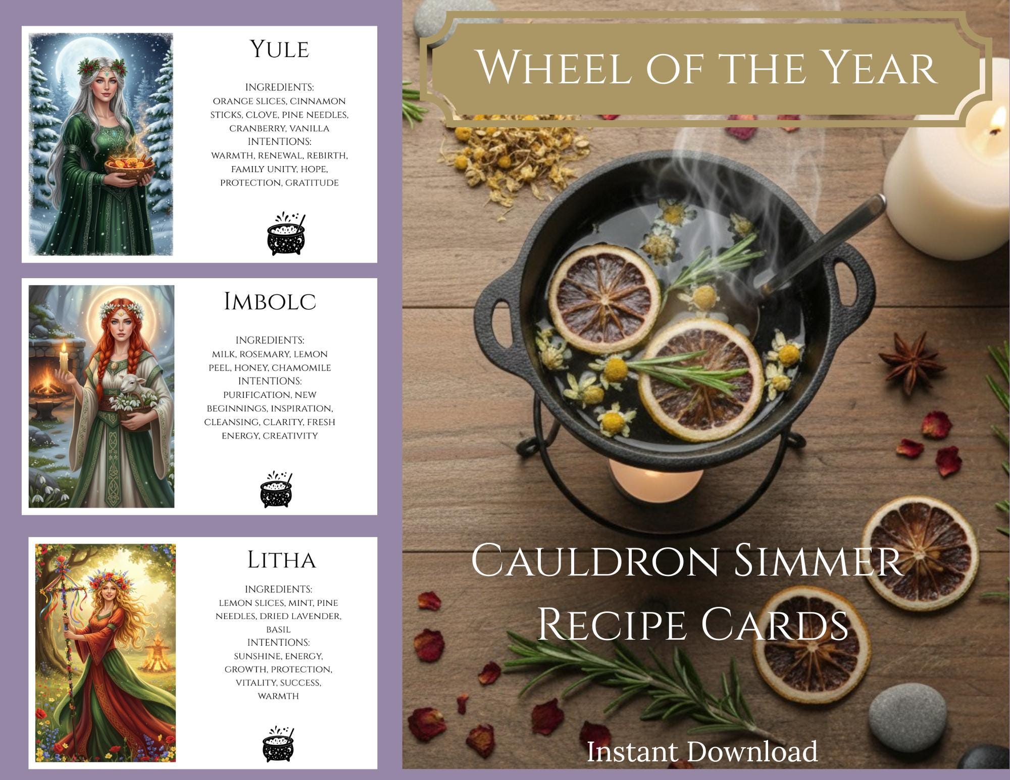 Wheel of the Year Simmer Pot Recipe Cards | 8 Sabbats Cauldron ...