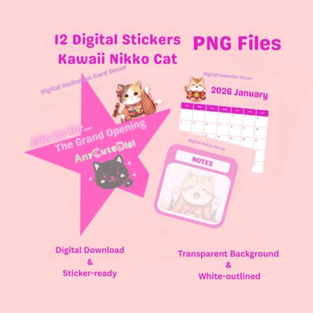 12 Digital Stickers Kawaii Nikko Cat in PNG Files for Digital Download ...