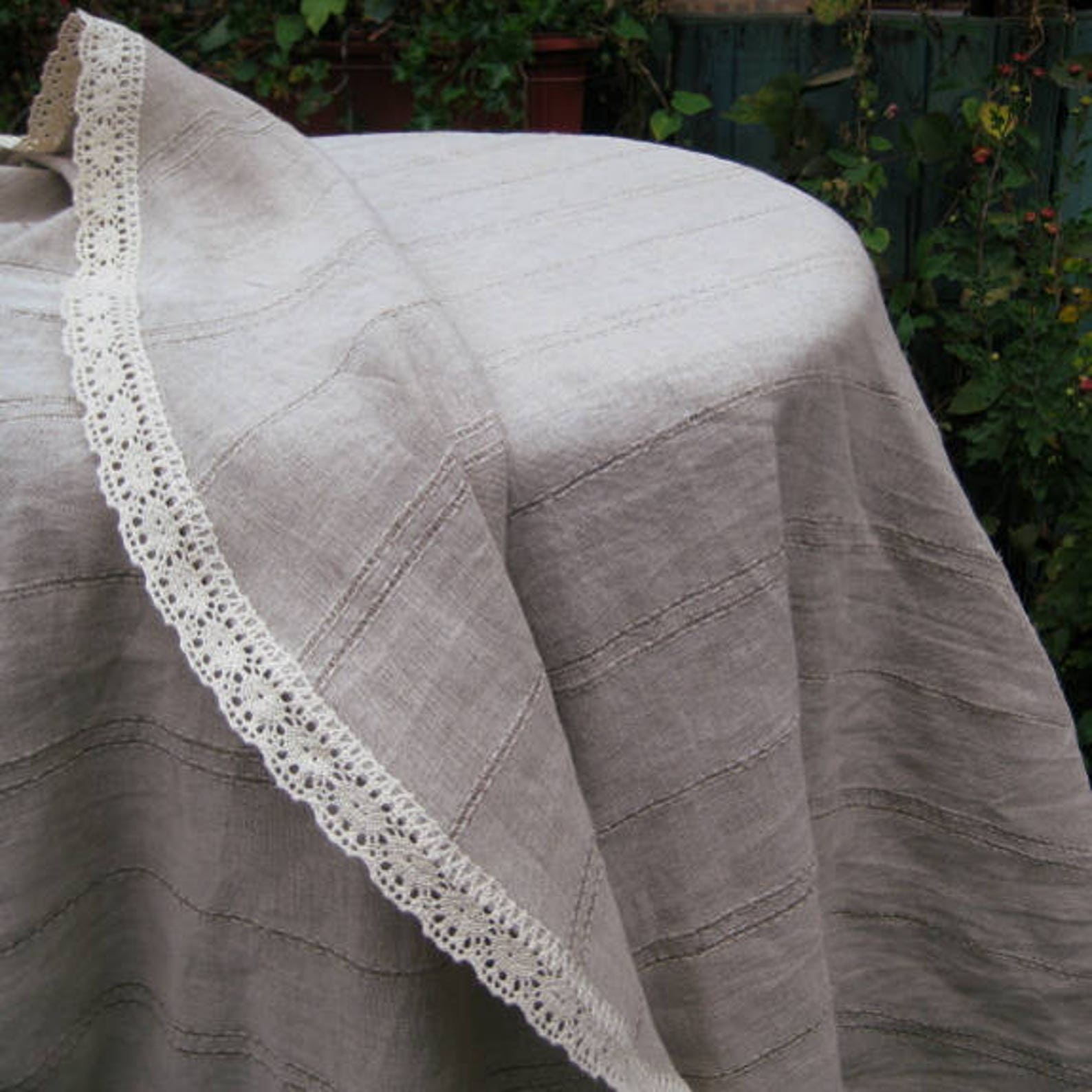 Round Oval Linen Gray Tablecloth, Striped Flax Lace Table Cloth, Washed ...