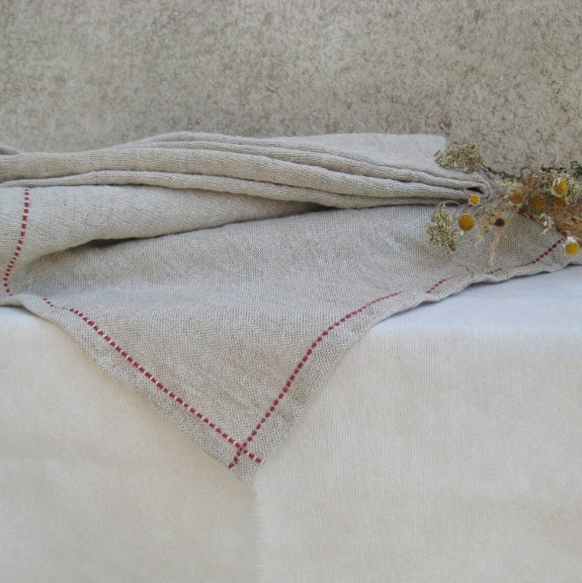 Gray Pure Linen Tablecloth Burlap Primitive Embroidery, Washed Wrinkled ...