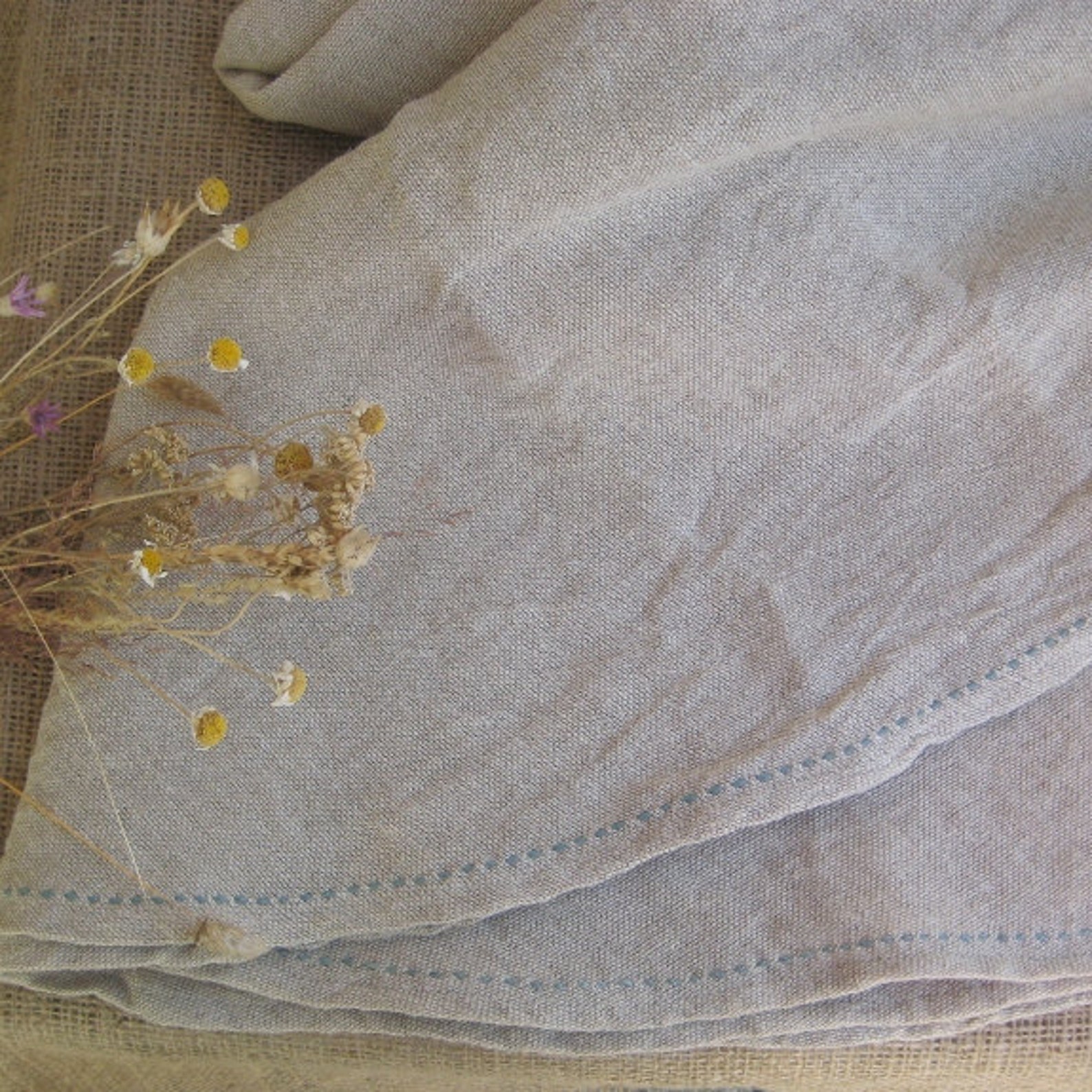 Linen Tablecloth Round Gray Burlap Primitive Embroidery Washed Wrinkled ...