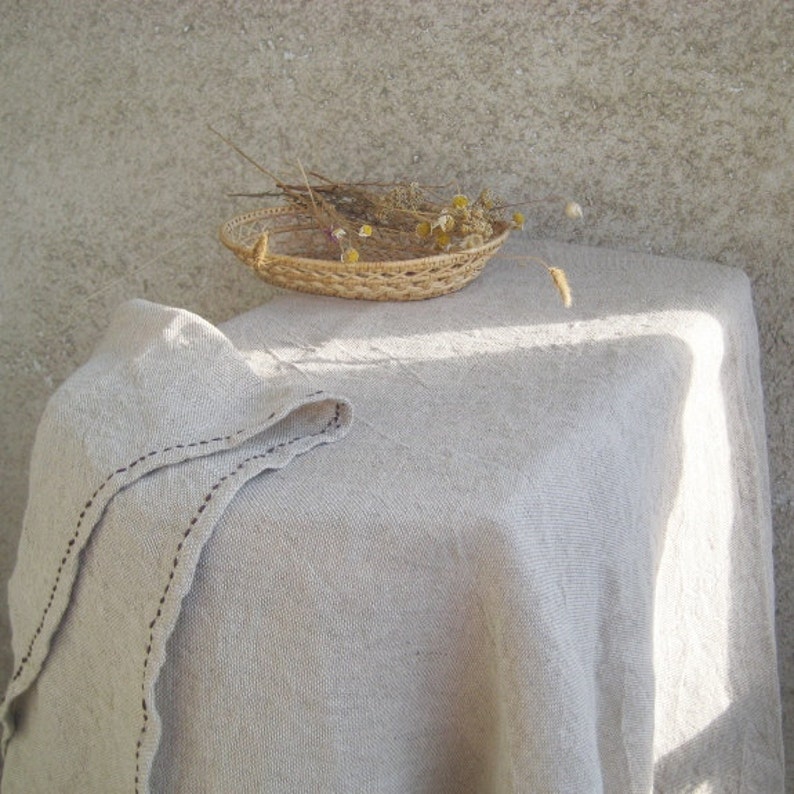 Oval Linen Tablecloth Gray Primitive Embroidery Washed Wrinkled Wedding ...