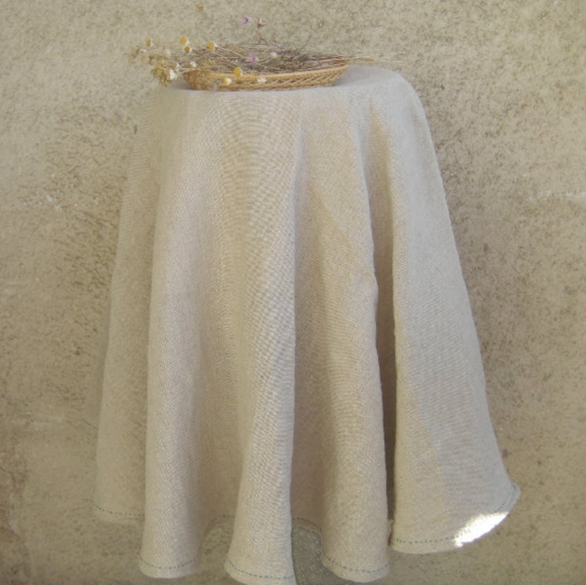 Linen Tablecloth Round Gray Burlap Primitive Embroidery Washed Wrinkled ...
