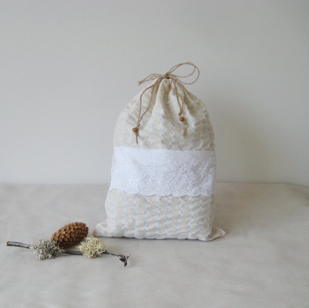 Linen Lace Drawstring Bag, Wrinkled Fabric Pouch, Natural White Ruffle ...