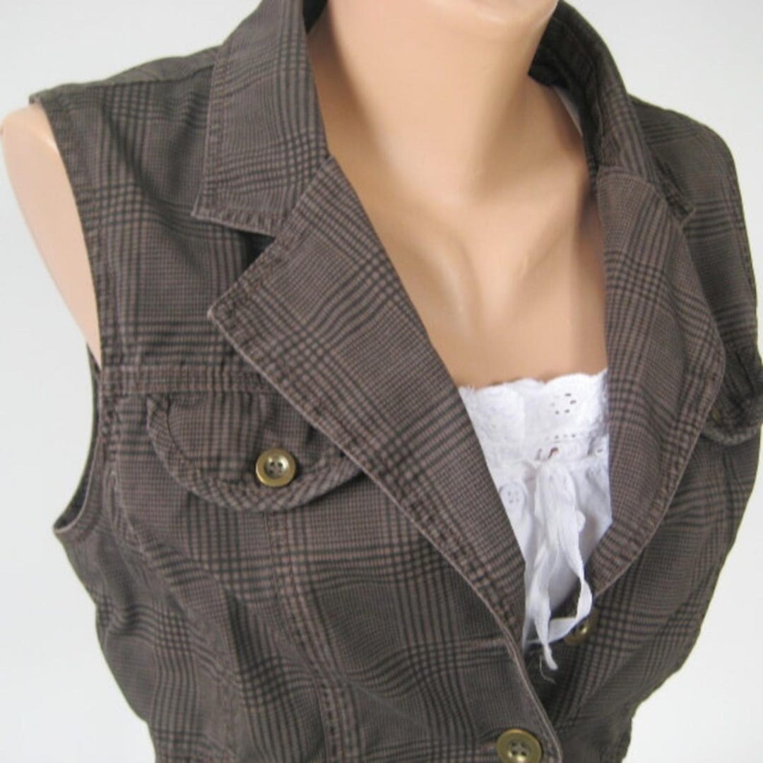 Vintage Brown Black Plaid Waistcoat, Cotton Women Jacket, Cut Redingote ...
