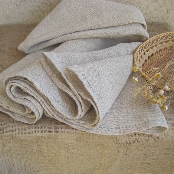 Linen Tablecloth Round Gray Burlap Primitive Embroidery Washed Wrinkled ...