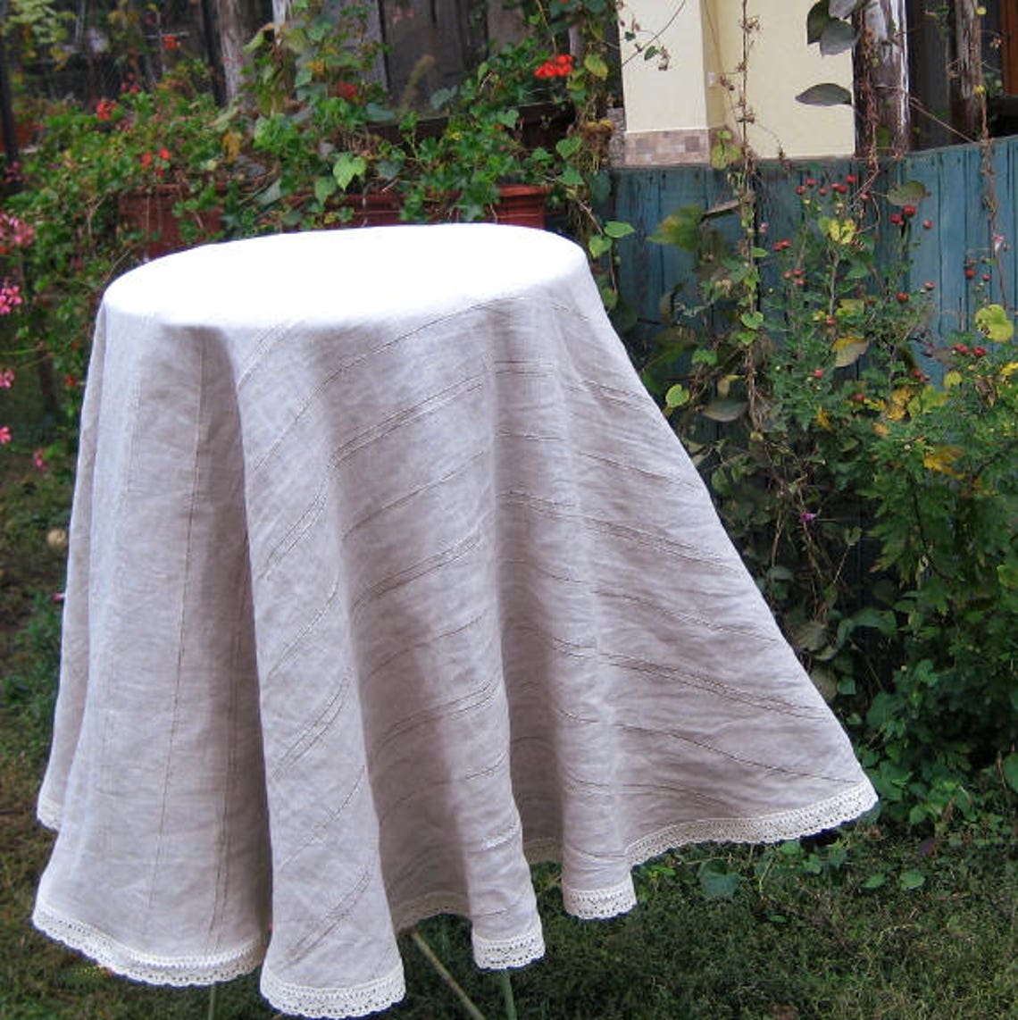Round Oval Linen Gray Tablecloth, Striped Flax Lace Table Cloth, Washed ...