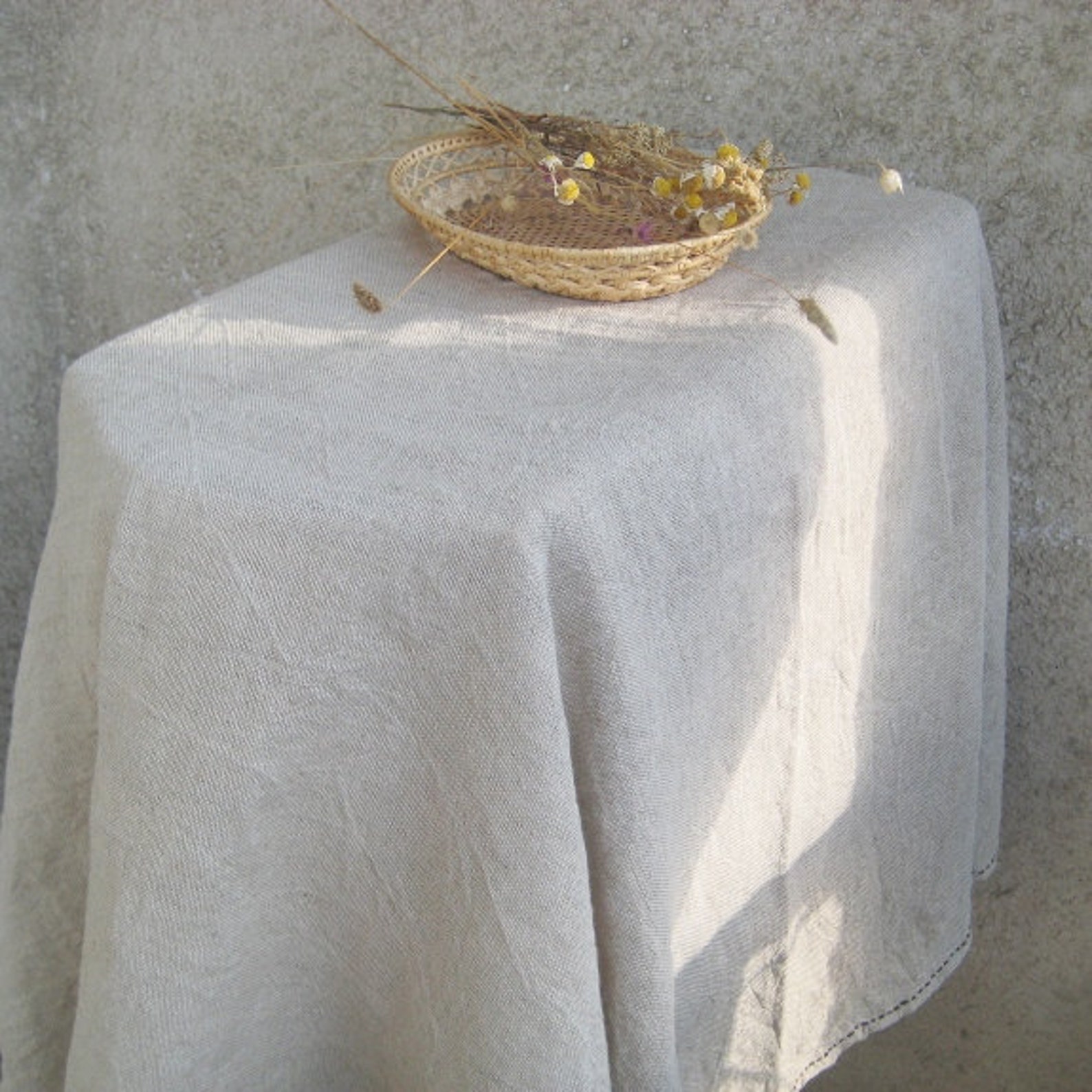 Oval Linen Tablecloth Gray Primitive Embroidery Washed Wrinkled Wedding ...