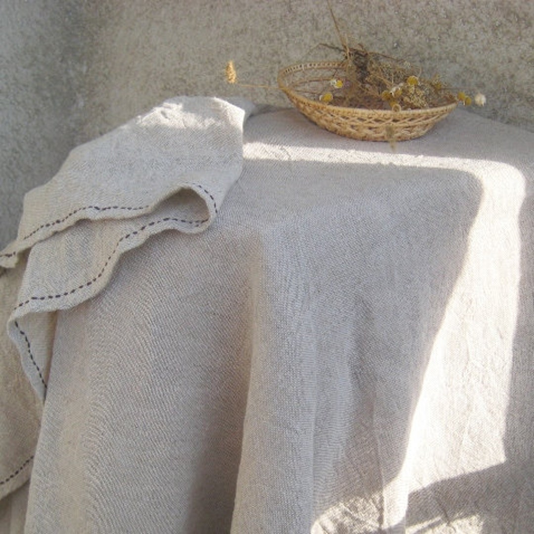 Oval Linen Tablecloth Gray Primitive Embroidery Washed Wrinkled Wedding ...