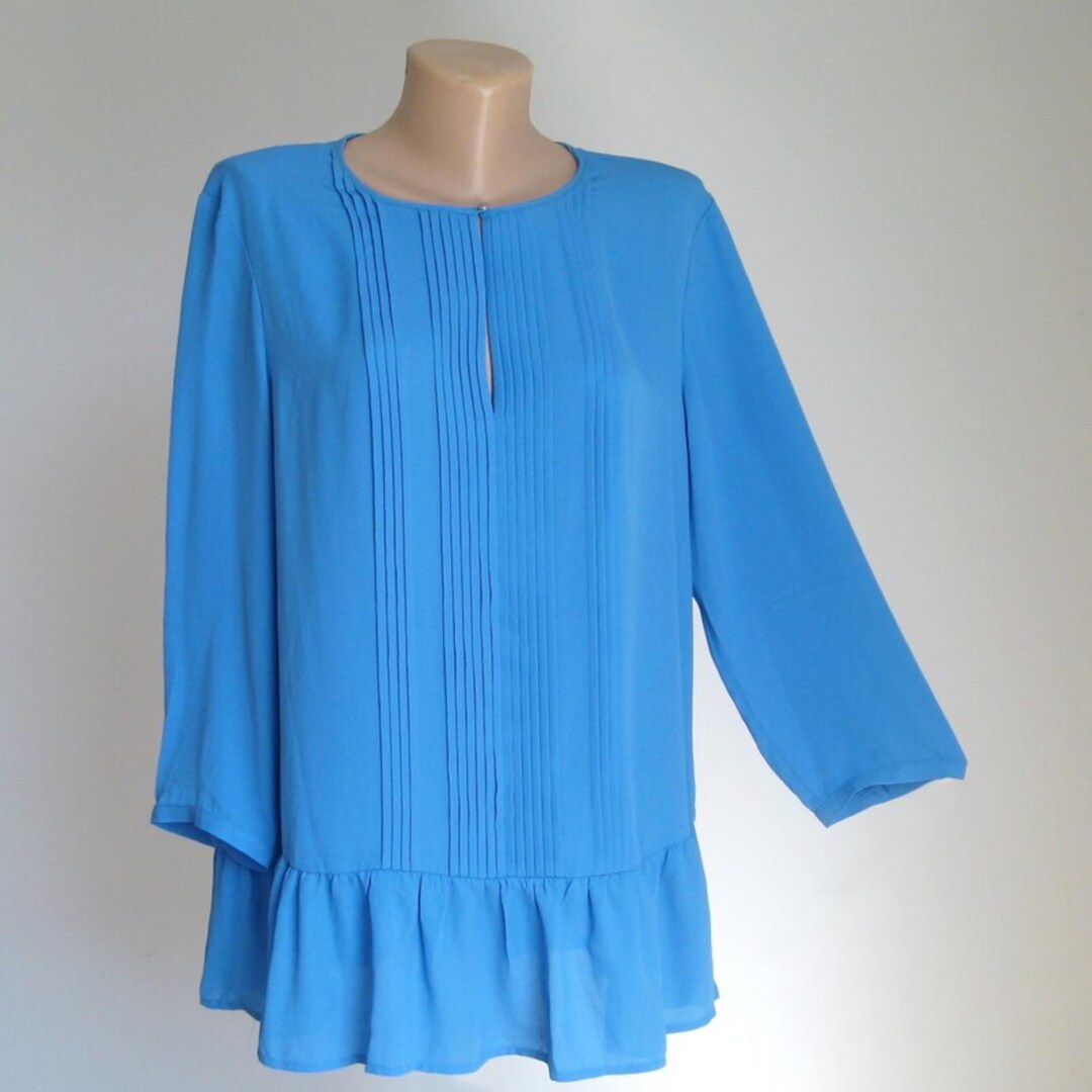 Vintage Blue Formal Lady Tunic, Romantic Rayon Blouse, Pleated Front ...