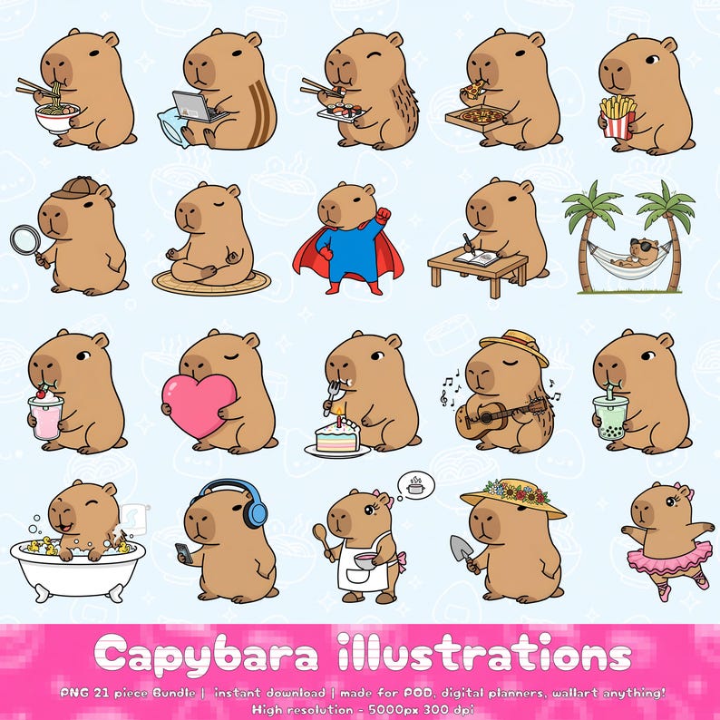 Capybara PNG Illustrations Kawaii Animal Clipart Bundle Stickers POD ...