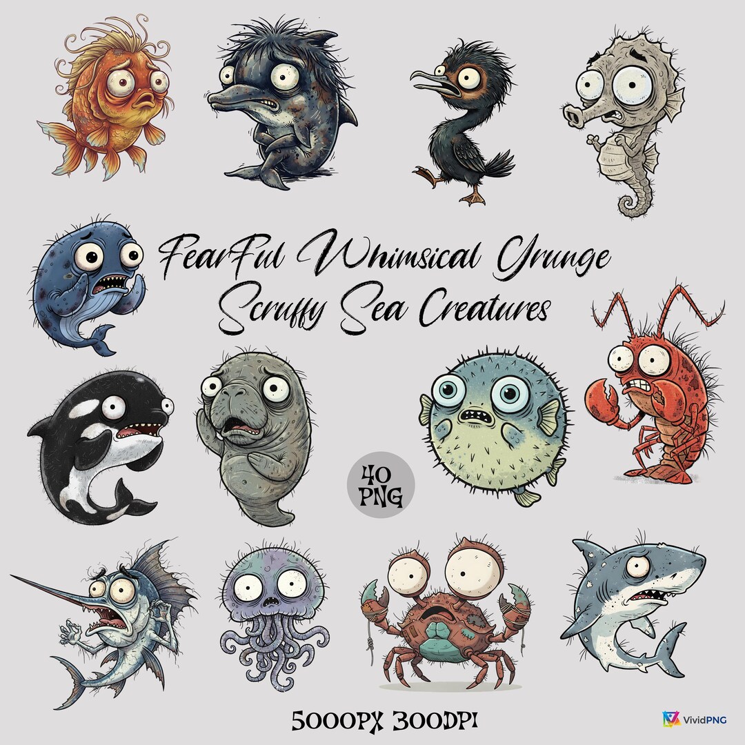 Whimsical Sea Creatures Clipart Bundle Fearful Scruffy Ocean Animals ...